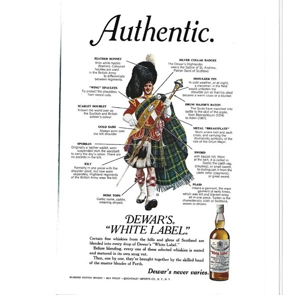 Art | Dewars White Label Scotch Whisky Kilt Advert 197s Vintage Print ...